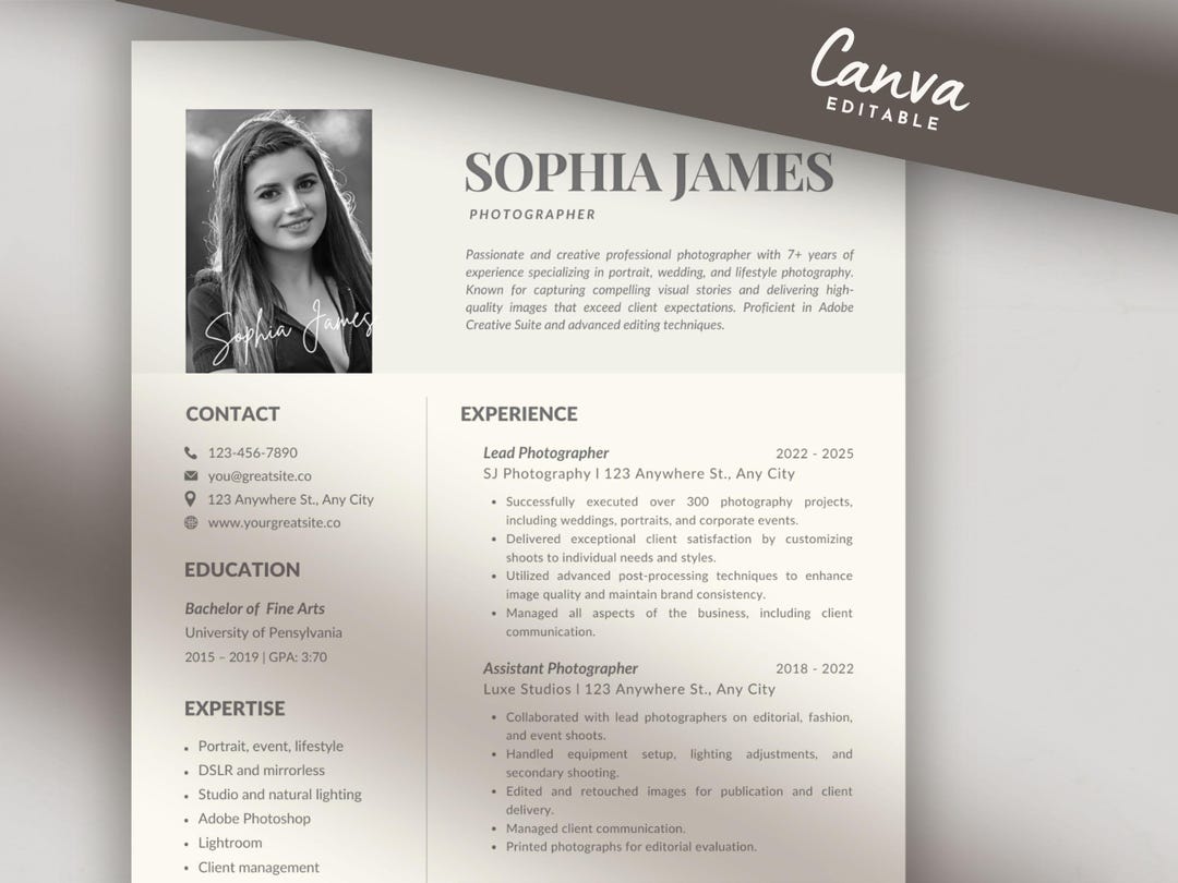 Sepia Aesthetic CV Design • Canva Editable Resume for Creatives ...