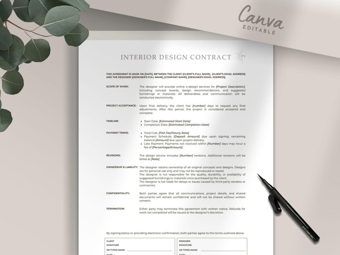 Simple Interior Design Contract Template: 1-page E-design Service ...