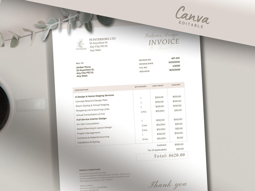 Interior Design Invoice Template: Clean E-design Services Business Form ...