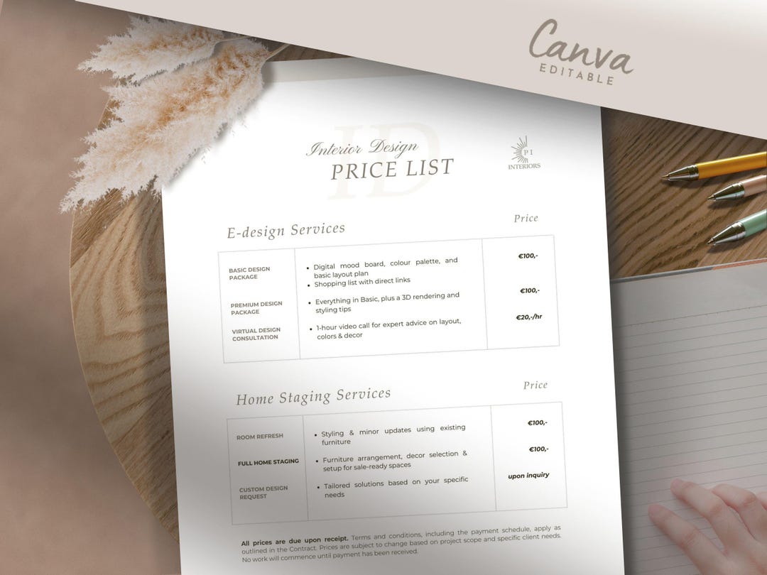 Interior Design Price List • Simple E-design Price Offer • Editable ...