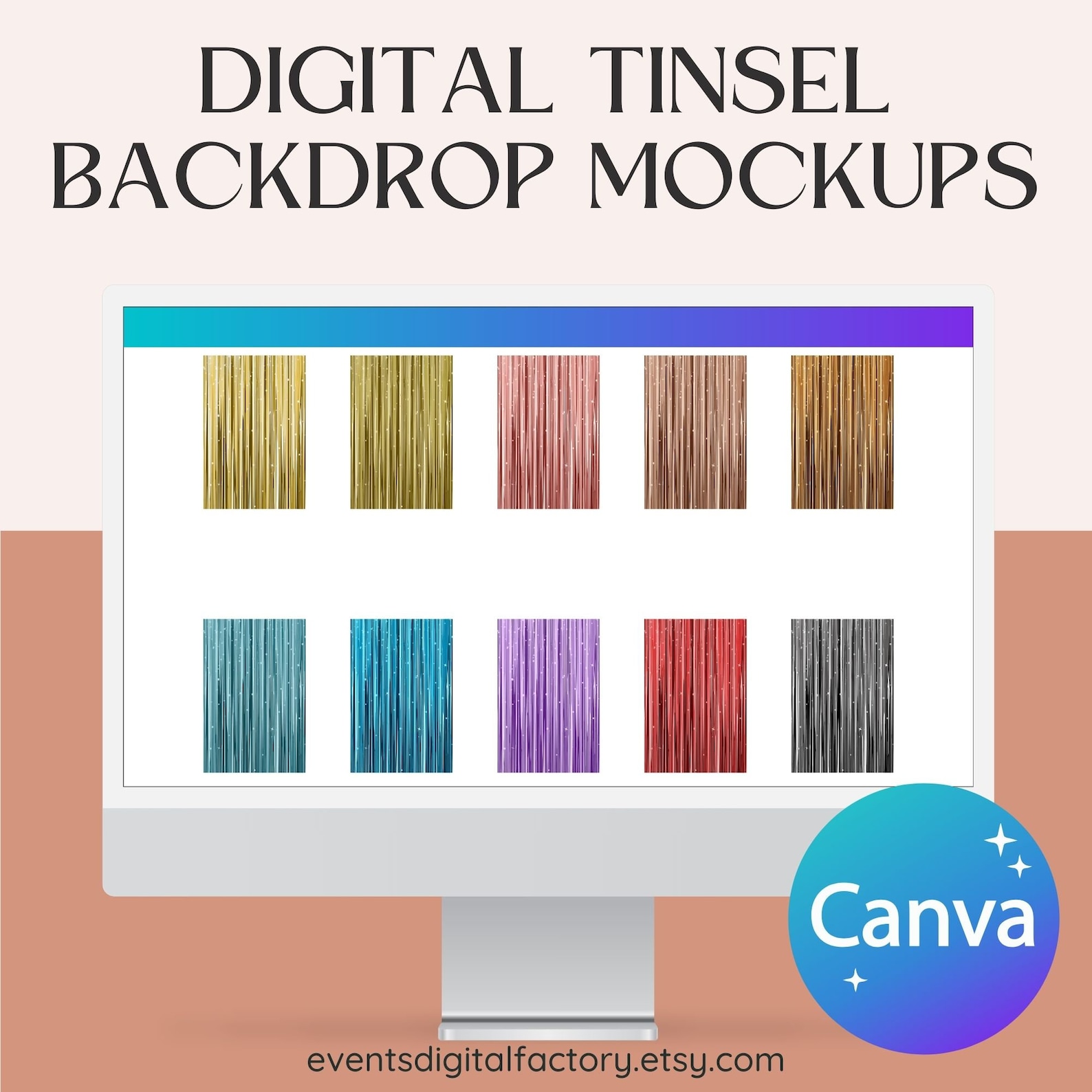 Tinsel Digital Curtain Backdrop, Event Backdrop Canva Template, Tinsel ...