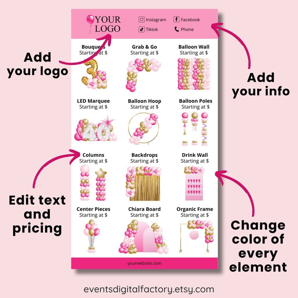 Pink Balloon Menu,balloon Price Menu, Balloon Menu Mockup, Canva ...