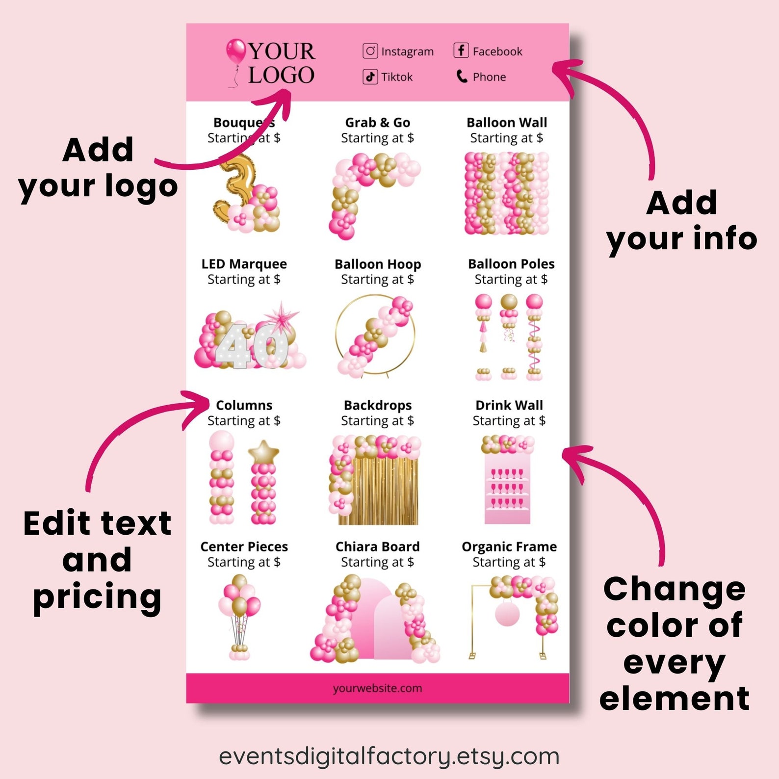 Pink Balloon Menu,balloon Price Menu, Balloon Menu Mockup, Canva ...