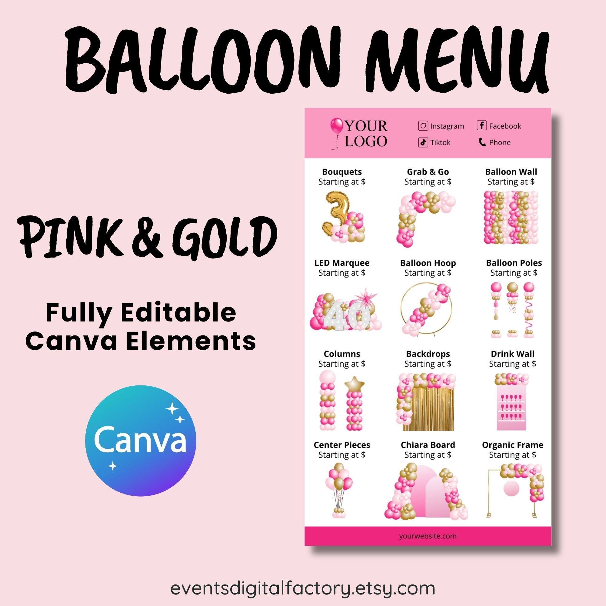 Pink Balloon Menu,balloon Price Menu, Balloon Menu Mockup, Canva ...