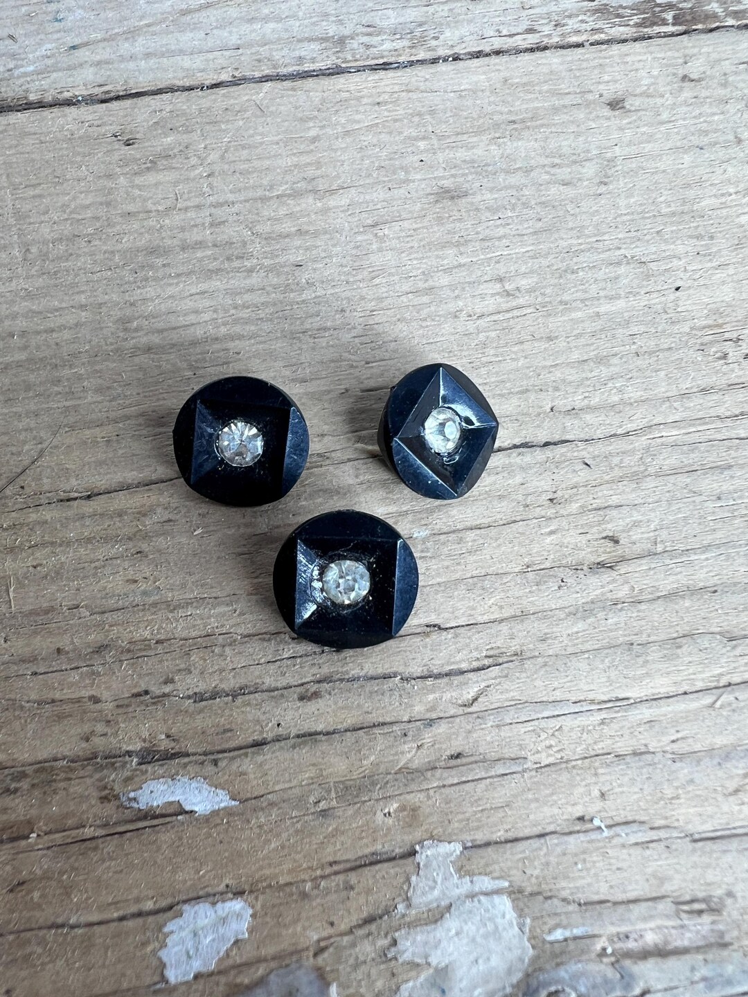 Vintage Set of 3 Tiny 10mm Black Angular Buttons With Diamante Centre ...