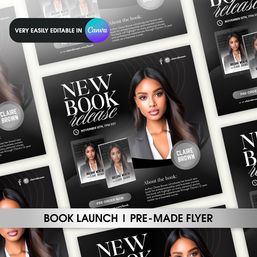 Book Launch Flyer Book Release Template Canva Ebook Launch Flyer Black and Silver Flyer DIY ...