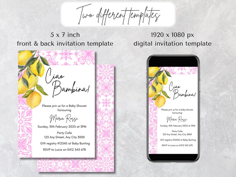 Ciao Bambina Baby Shower Invite Light Pink Lemon Positano Italian Baby ...