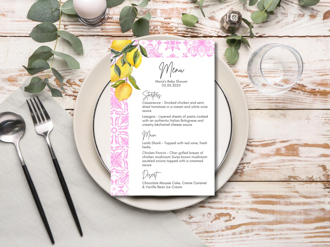 Ciao Bambina Baby Shower Menu Light Pink Lemon Positano Amalfi Italian ...