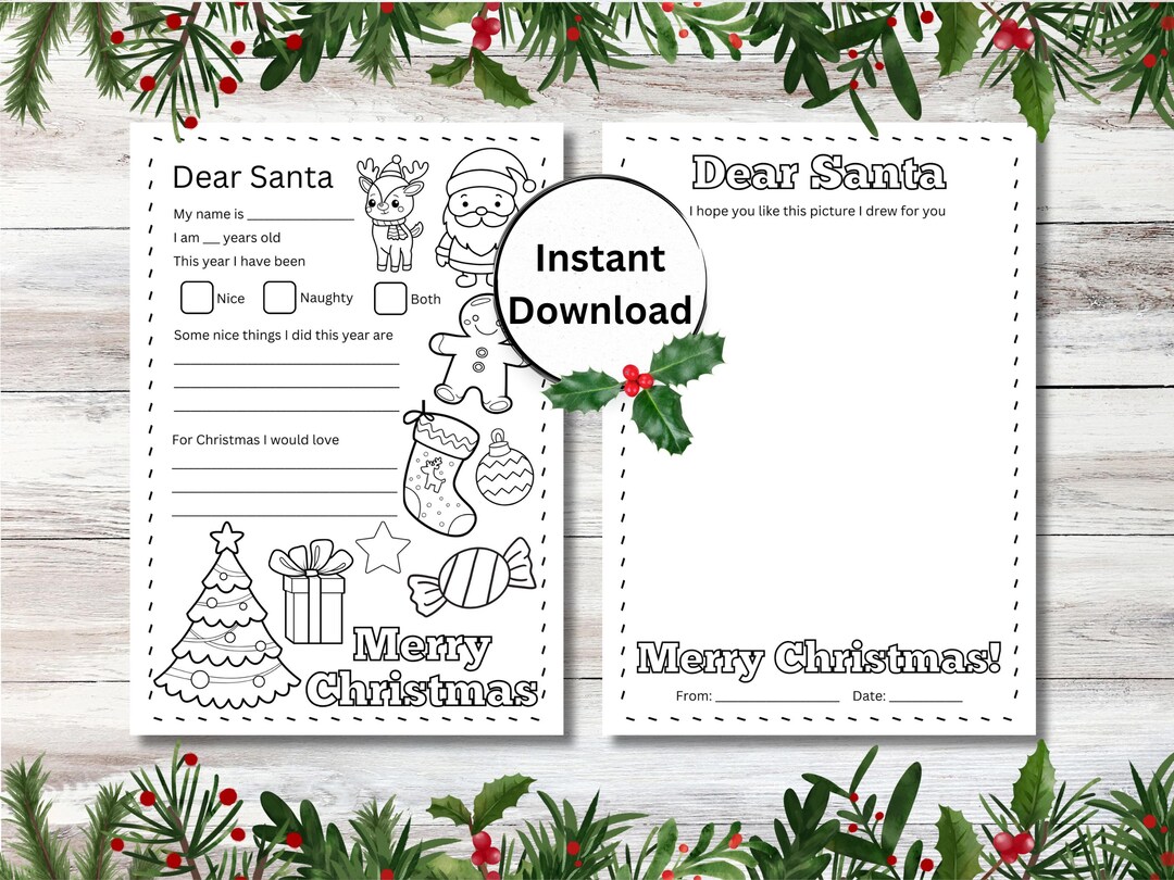 Letter to Santa Colouring Page Instant Download Printable Digital Kids ...