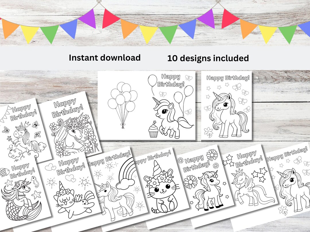 Unicorn Coloring Pages Happy Birthday Colouring Card Instant Download ...