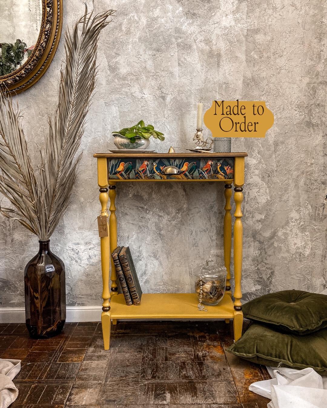 Handcrafted Mustard Wooden Console Table Featuring Colorful Parrot ...