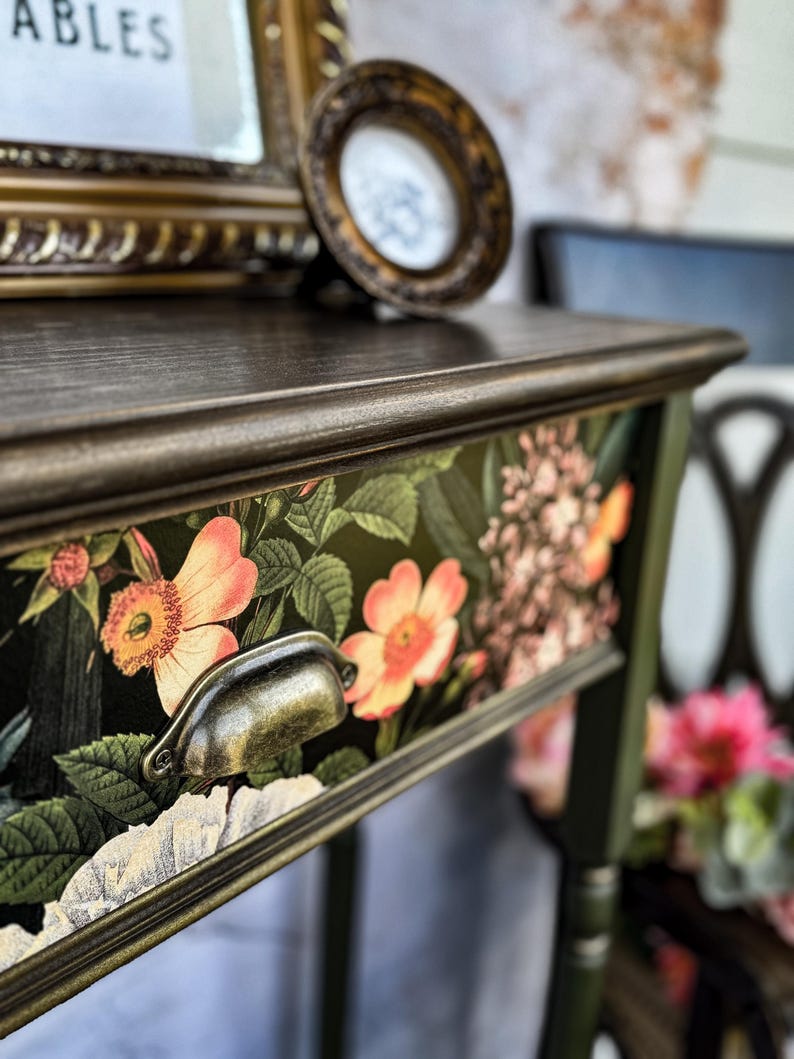 Handcrafted Forest Green Console Table — Floral Drawer, Cottagecore ...