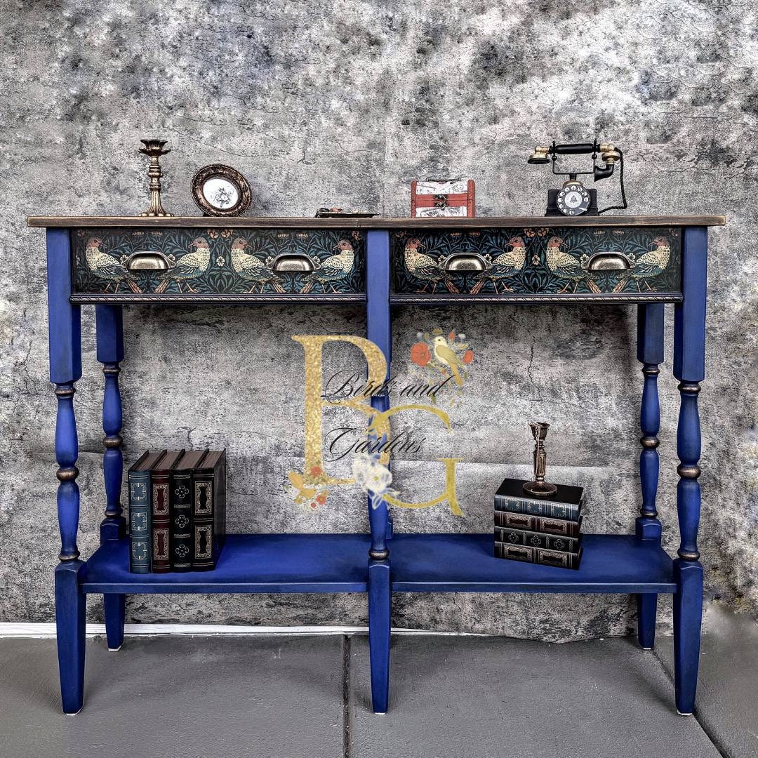 Handcrafted Vintage Console Table With Floral Bird Motif Bohemian Blue ...