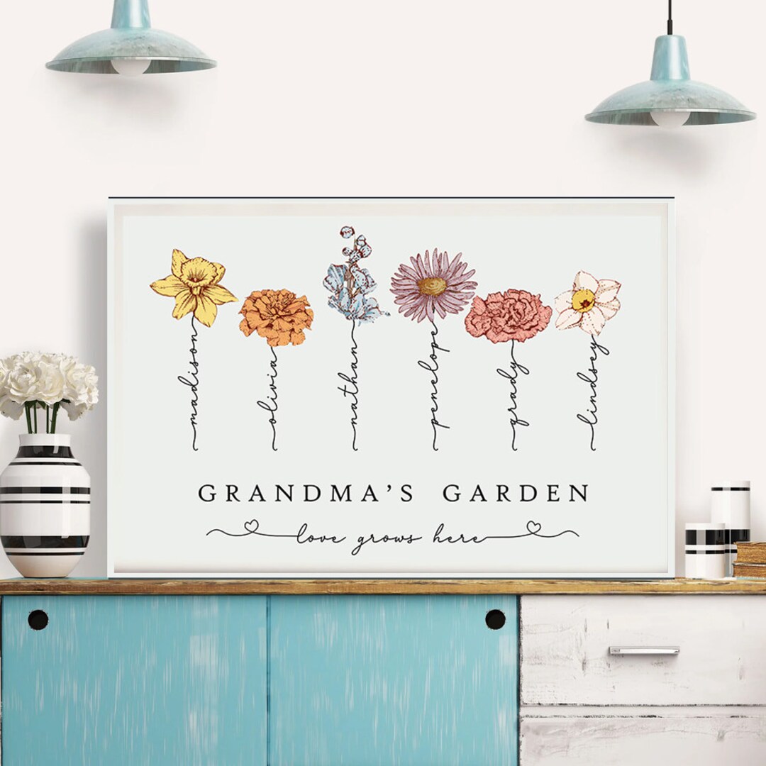 Grandma's Garden Poster Wall Art With Kids Names, Personalized Birth ...