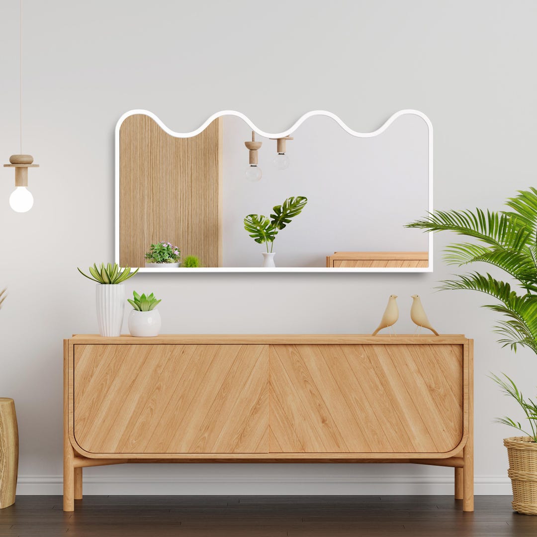 Cloud Shaped Long and Wide Wooden Wall Mirror, Wavy Vertical Horizontal ...