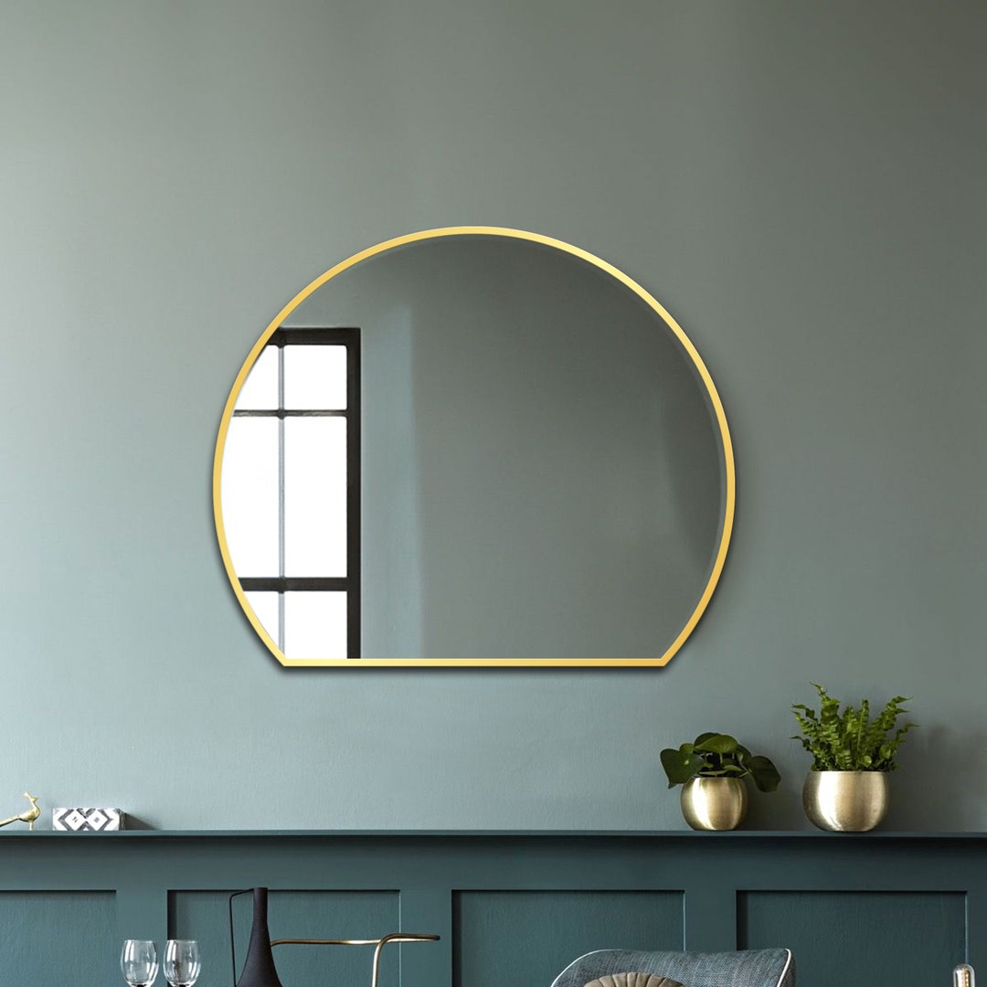 Half Round Circular Wooden Wall Mirror, Semicircle Aesthetic Cut Mirror ...