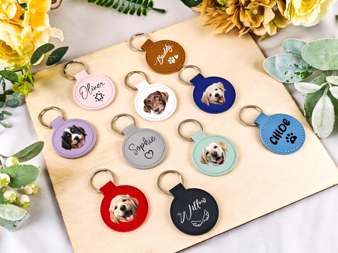 Custom Dog Portrait Keychain, Personalized Pet Memorial, Leather ...