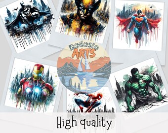 6 Watercolor Dripping Art Superheroes, Watercolor Illustration ...