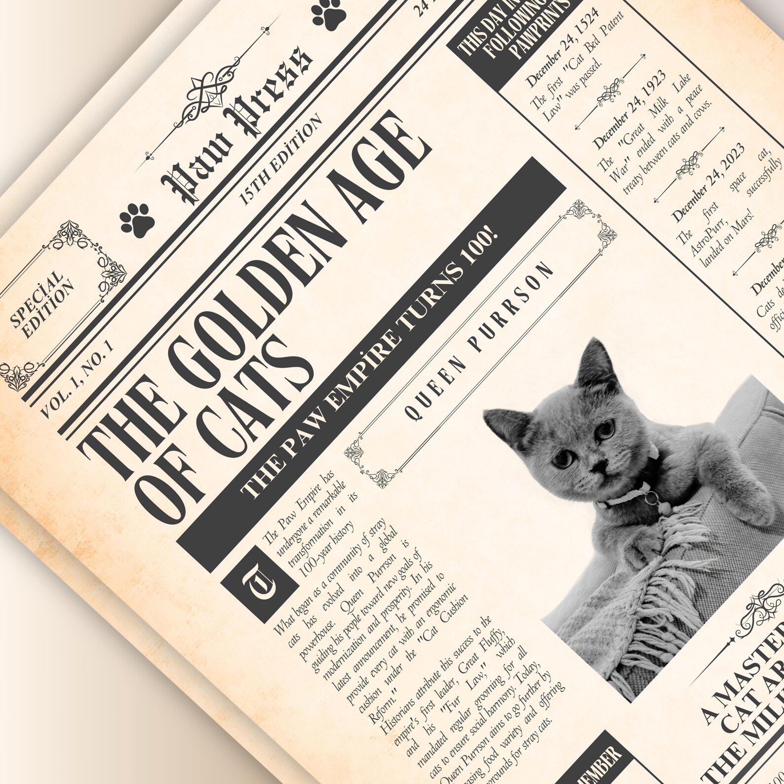 Paw Press, Printable Cat Newspaper Poster, Trendy Newspaper, Funny Cat ...
