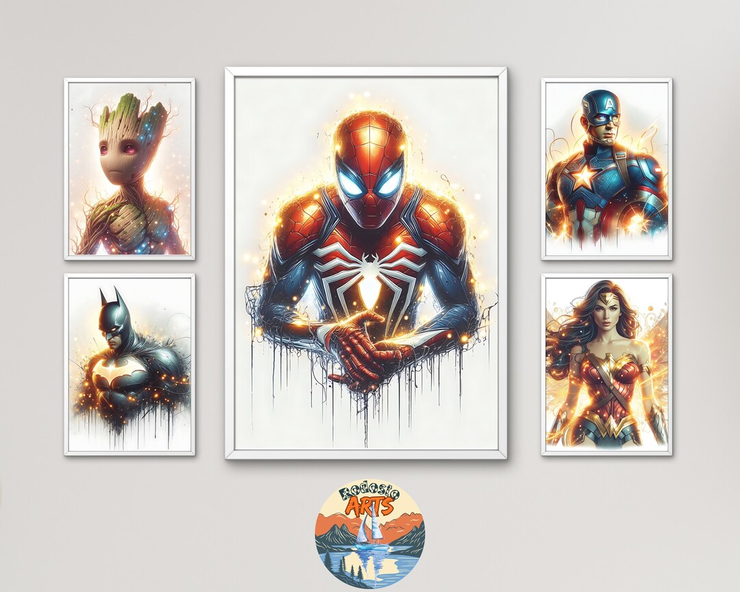 Superheroes Fan Art Set of 8 Poster Set, Watercolor Dripping Art, Wall ...