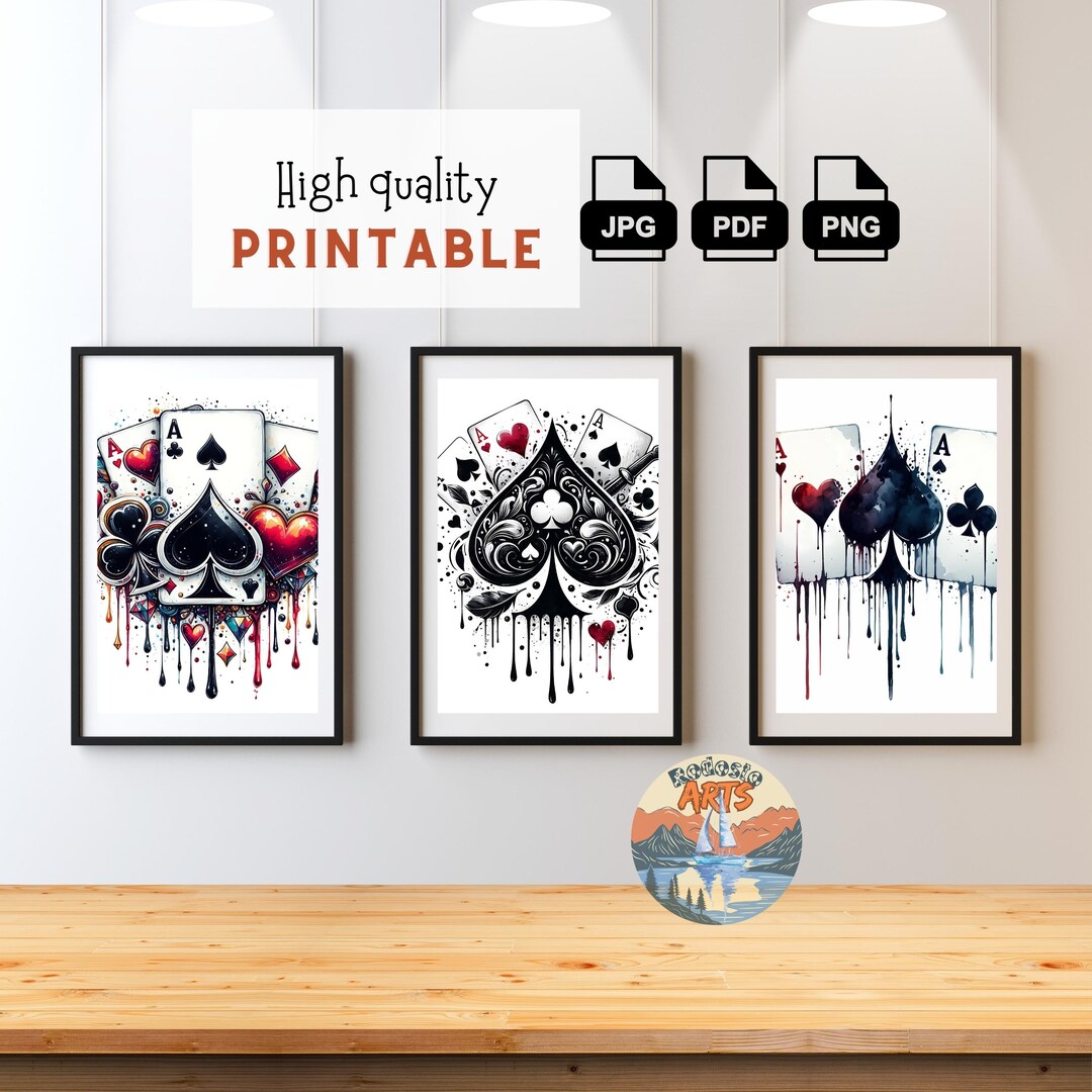 Playing Cards Wall Art Set - 3 Ace Designs, Printable Digital Download ...
