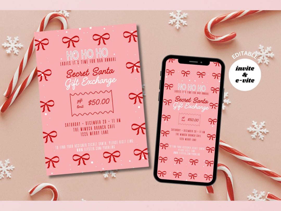 Coquette Secret Santa Invitation: Pink Bow Christmas Party (digital ...