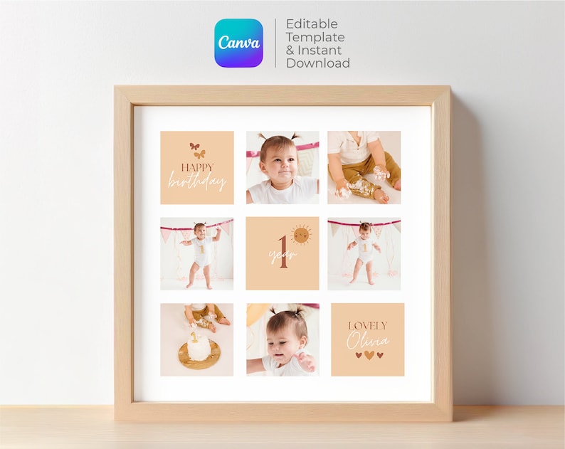 First Birthday Photo Collage Canva Template | Editable Collage | Modern ...