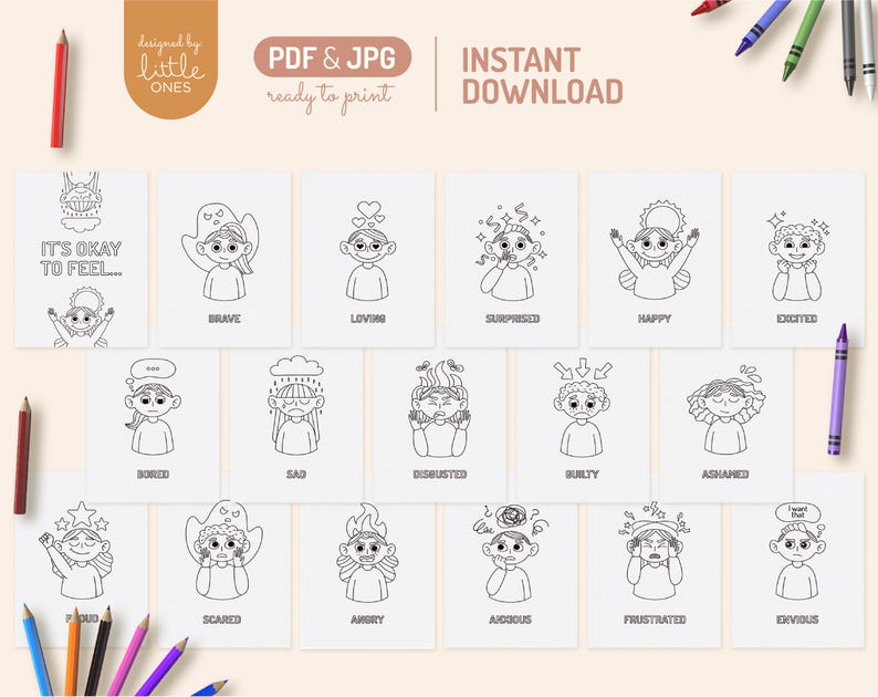 16 Feelings Coloring Pages for Kids| Ready to Print | Emotions Activity ...