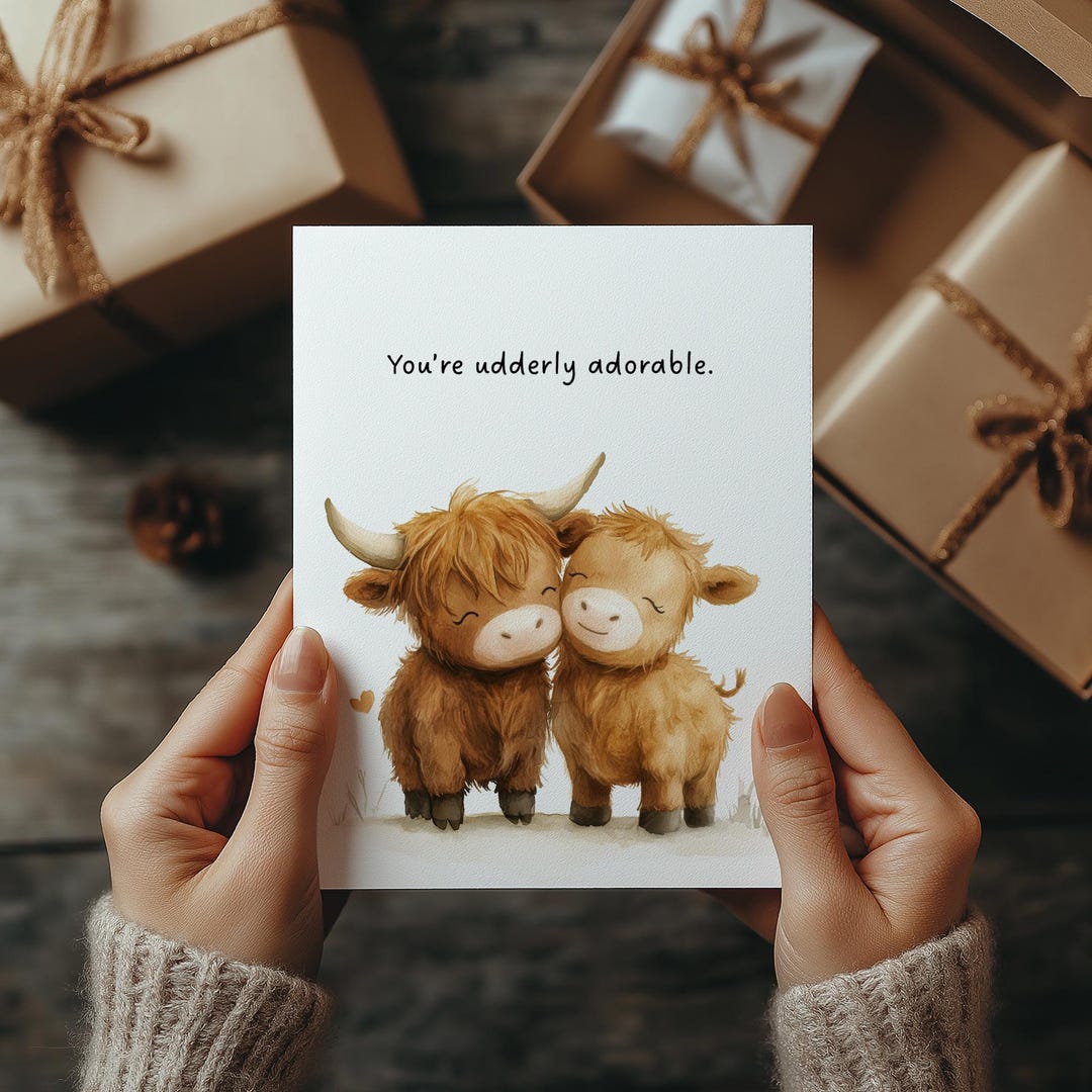 Highland Cow Love Card, Udderly Adorable Pun Card, Cute Farm Animal ...