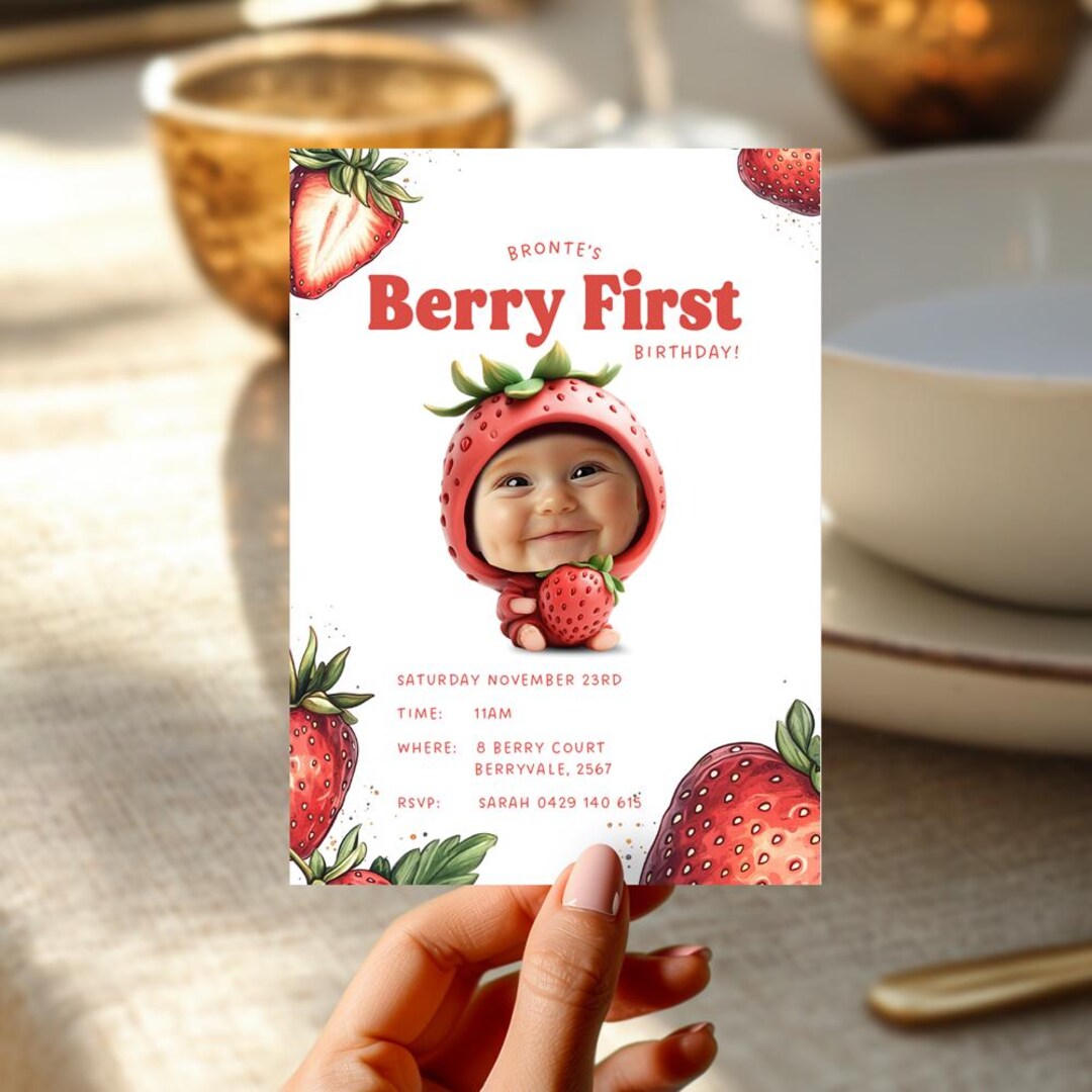 Custom Berry First Birthday Invitation, Personalized Strawberry Baby ...