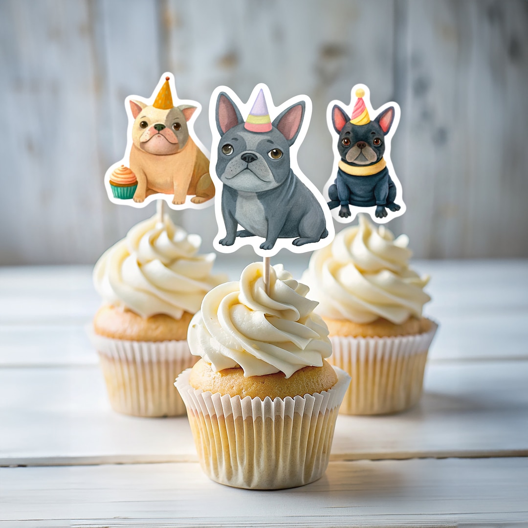 French Bulldog Cupcake Toppers Funny Frenchies in Birthday Party Hats ...