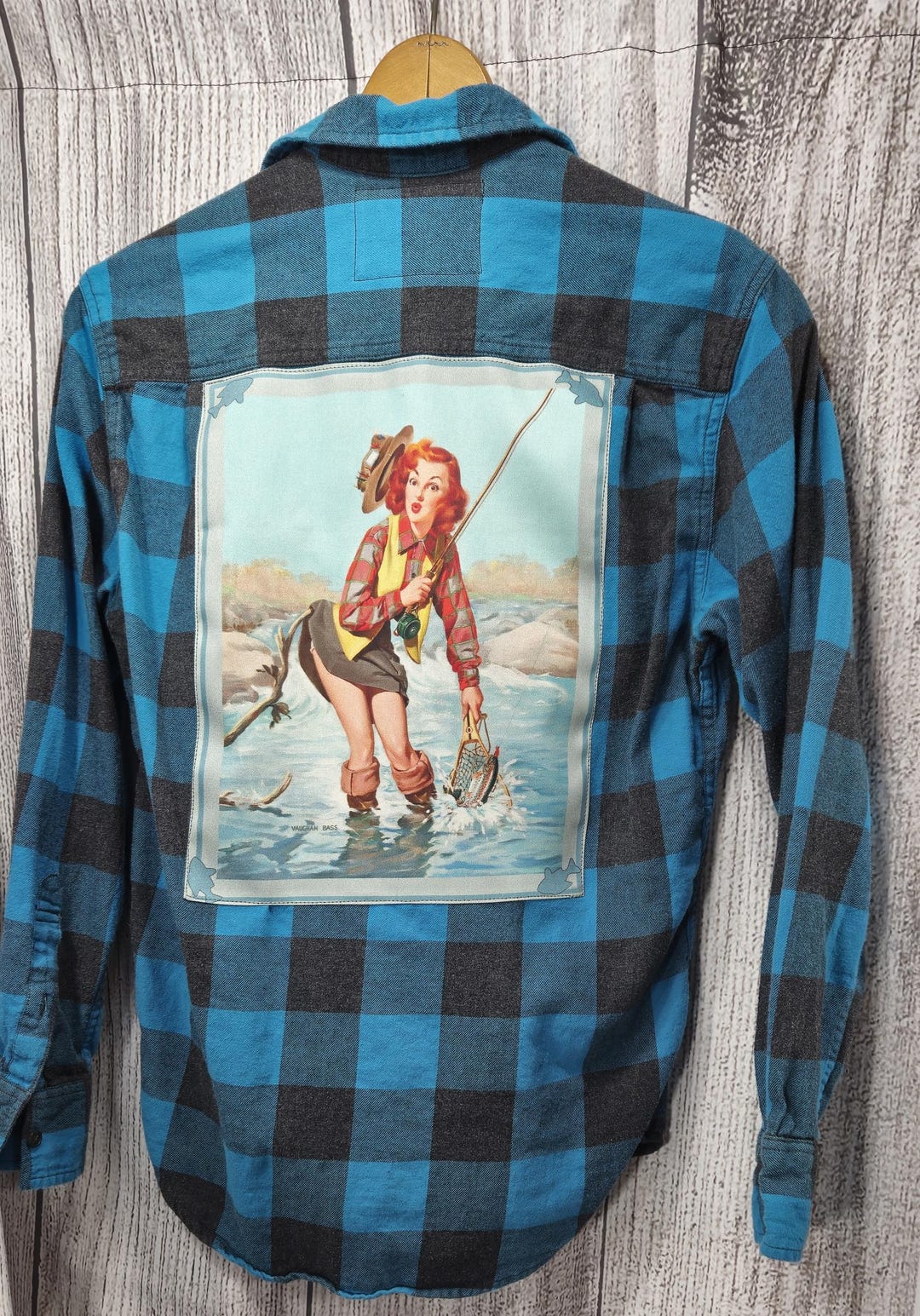 Pin up Girl Fly Fishing Patch on a Reclaimed Men's Small Flannel Shirt ...