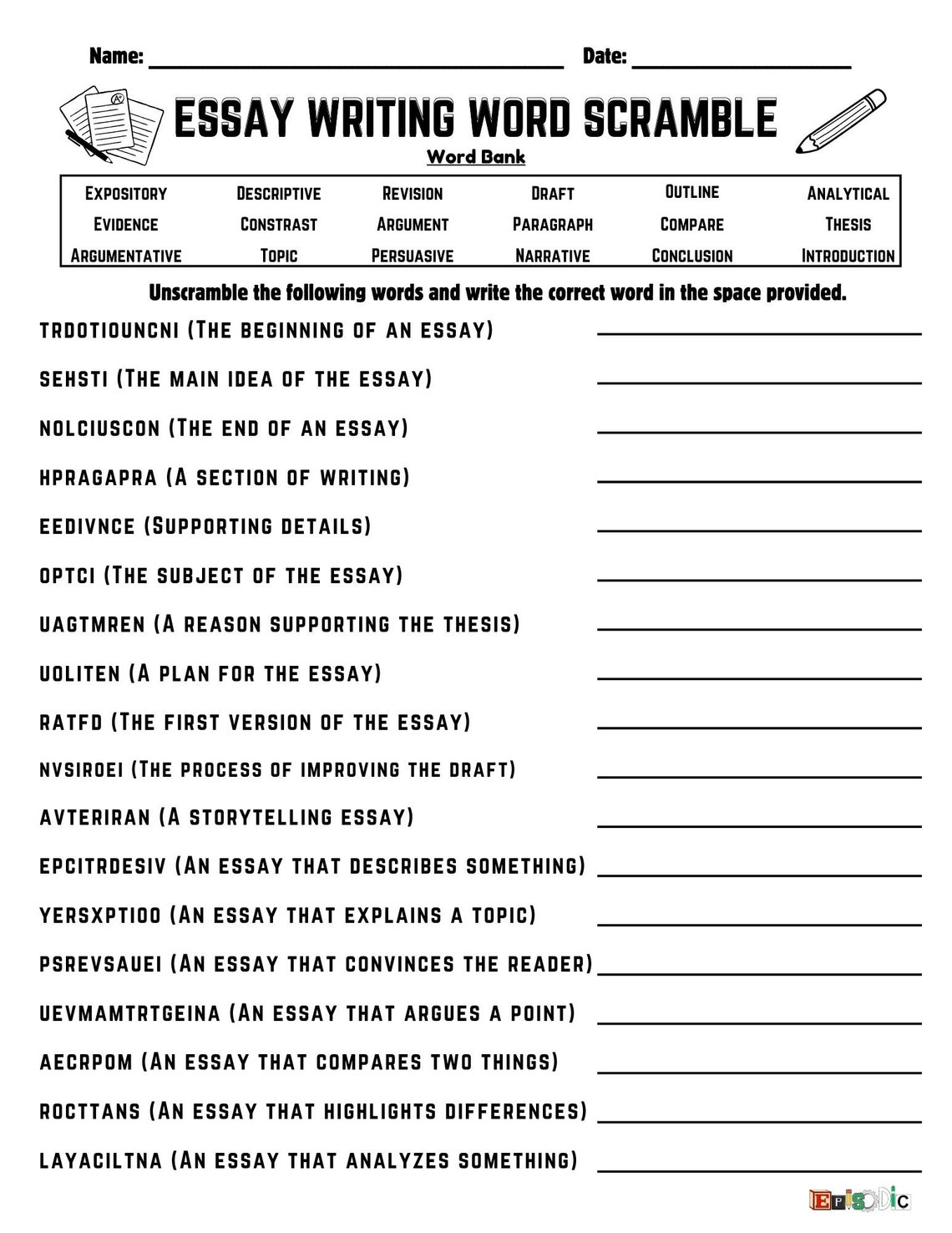 Essay Writing Word Scramble Worksheet Digital Download - Boost Writing ...