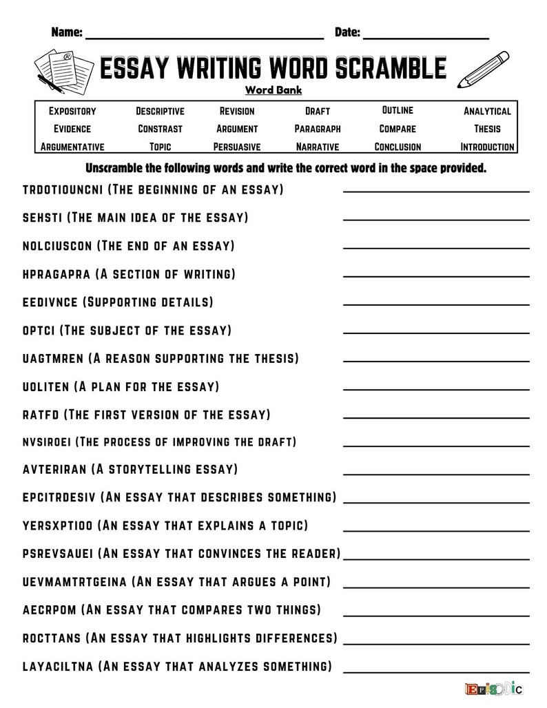 Essay Writing Word Scramble Worksheet Digital Download - Boost Writing ...