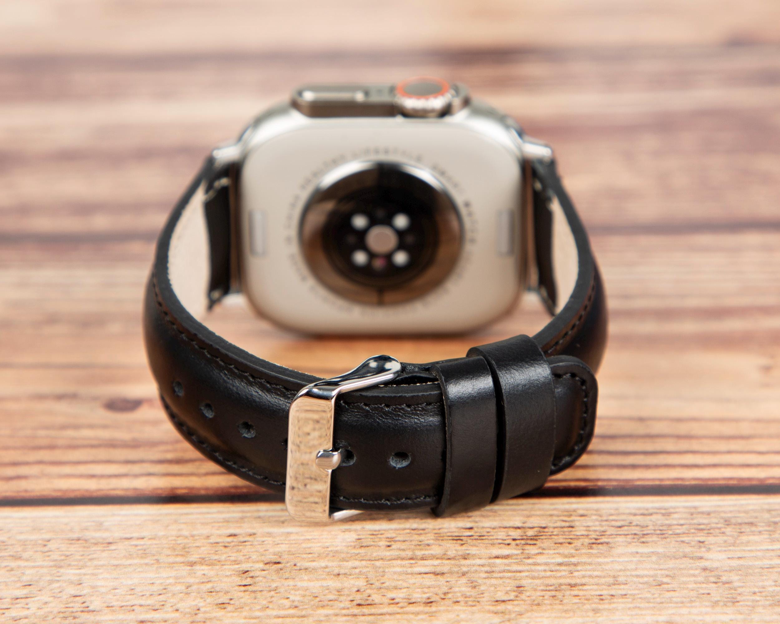 Personalized Leather Apple Watch Band : Black Engraving Genuine Leather ...