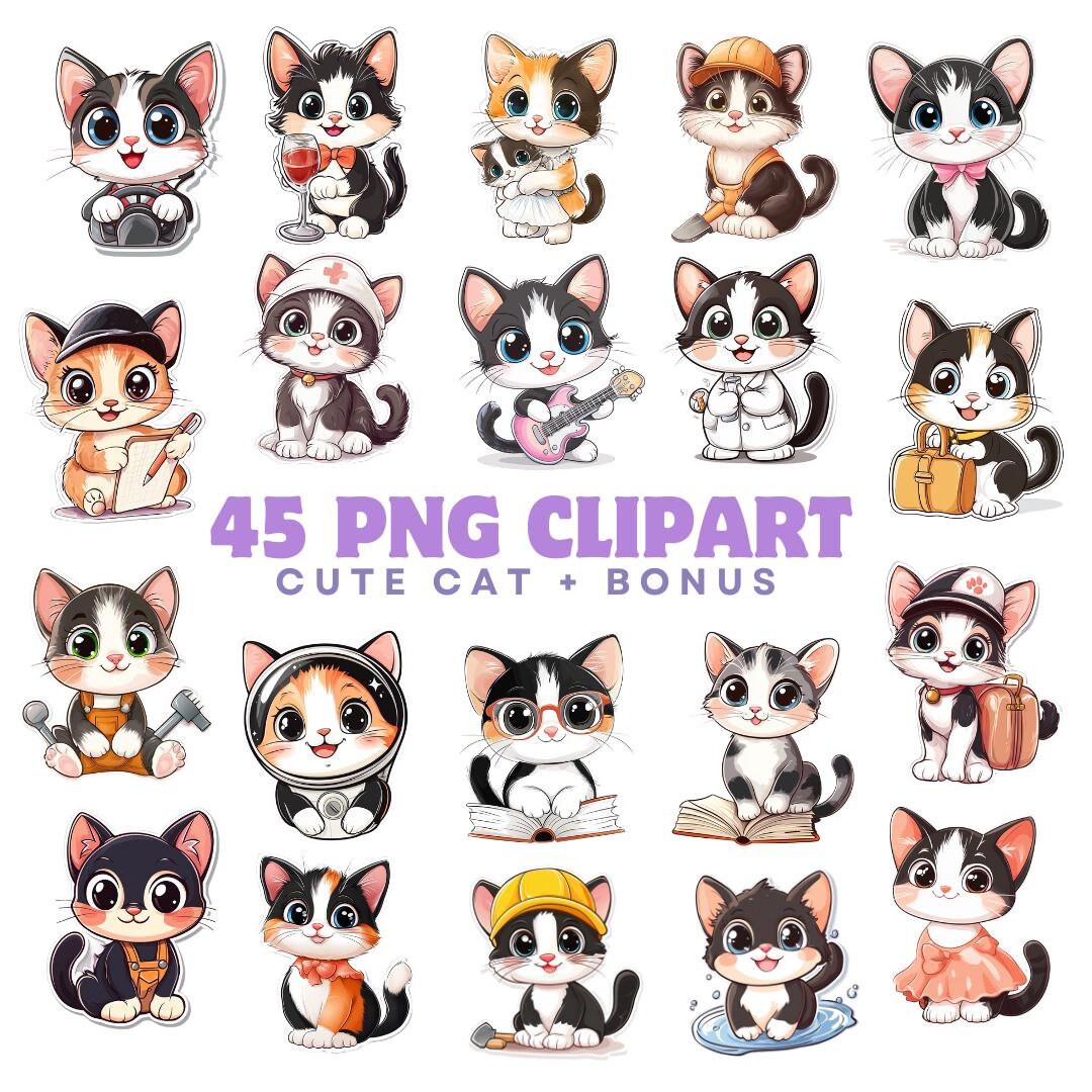 Cat Cartoon Clipart, Kitten Clipart, Cute Cat Watercolor Clipart, Cat ...