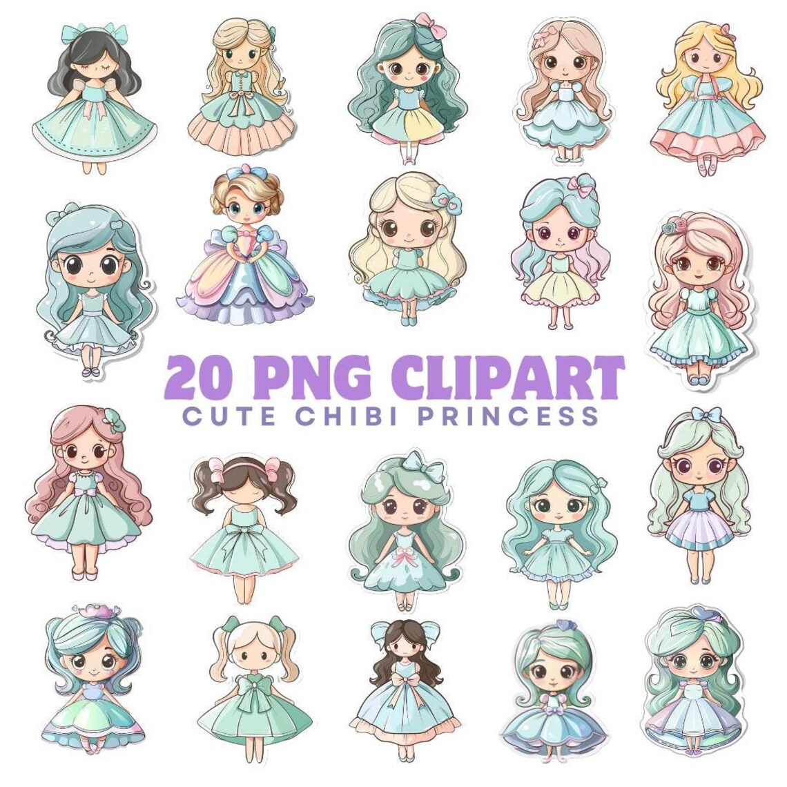 20 PNG Cute Chibi Girl Clipart Cartoon Princess Sticker Kawaii Clip Art ...