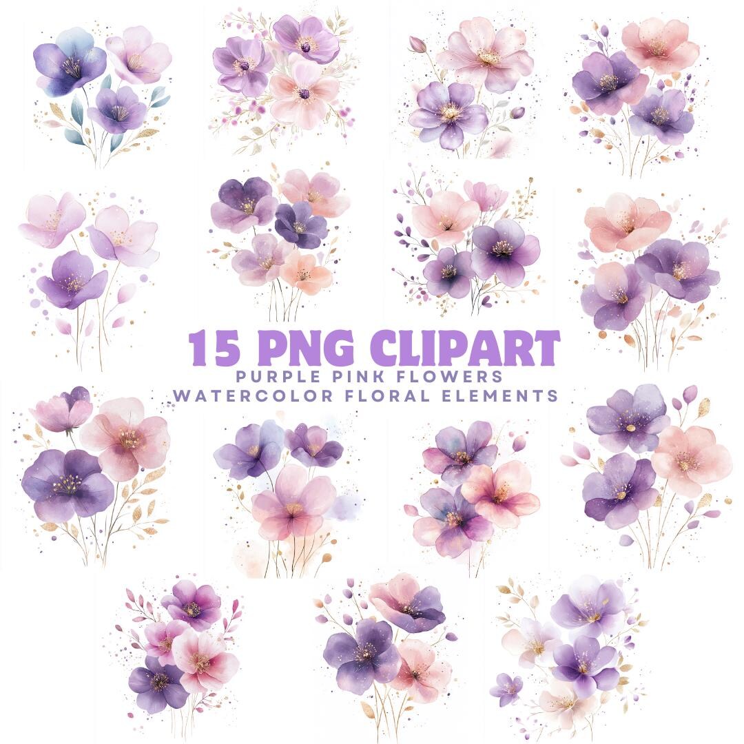 15 Printable Watercolor Clipart Purple Pink Flowers Png, Abstract ...