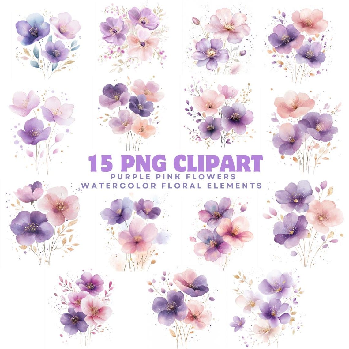 15 Printable Watercolor Clipart Purple Pink Flowers Png, Abstract ...