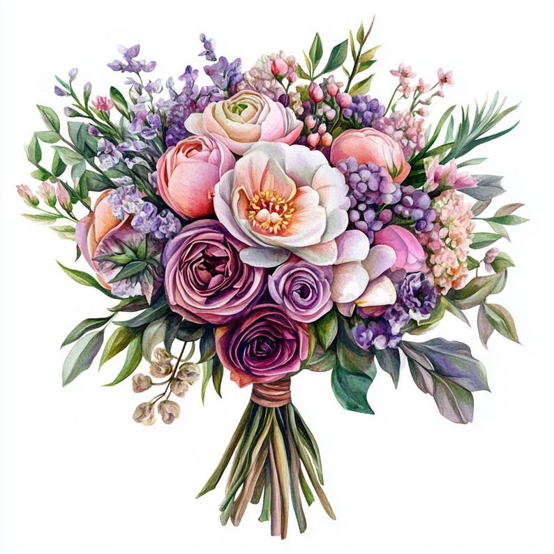 Flower Bouquets Clipart, Watercolor Floral Pattern, Wedding Elements ...