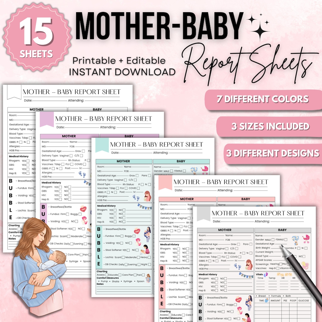 Mother Baby Report Sheet 15 Pages Printable or Editable Nurse Report ...