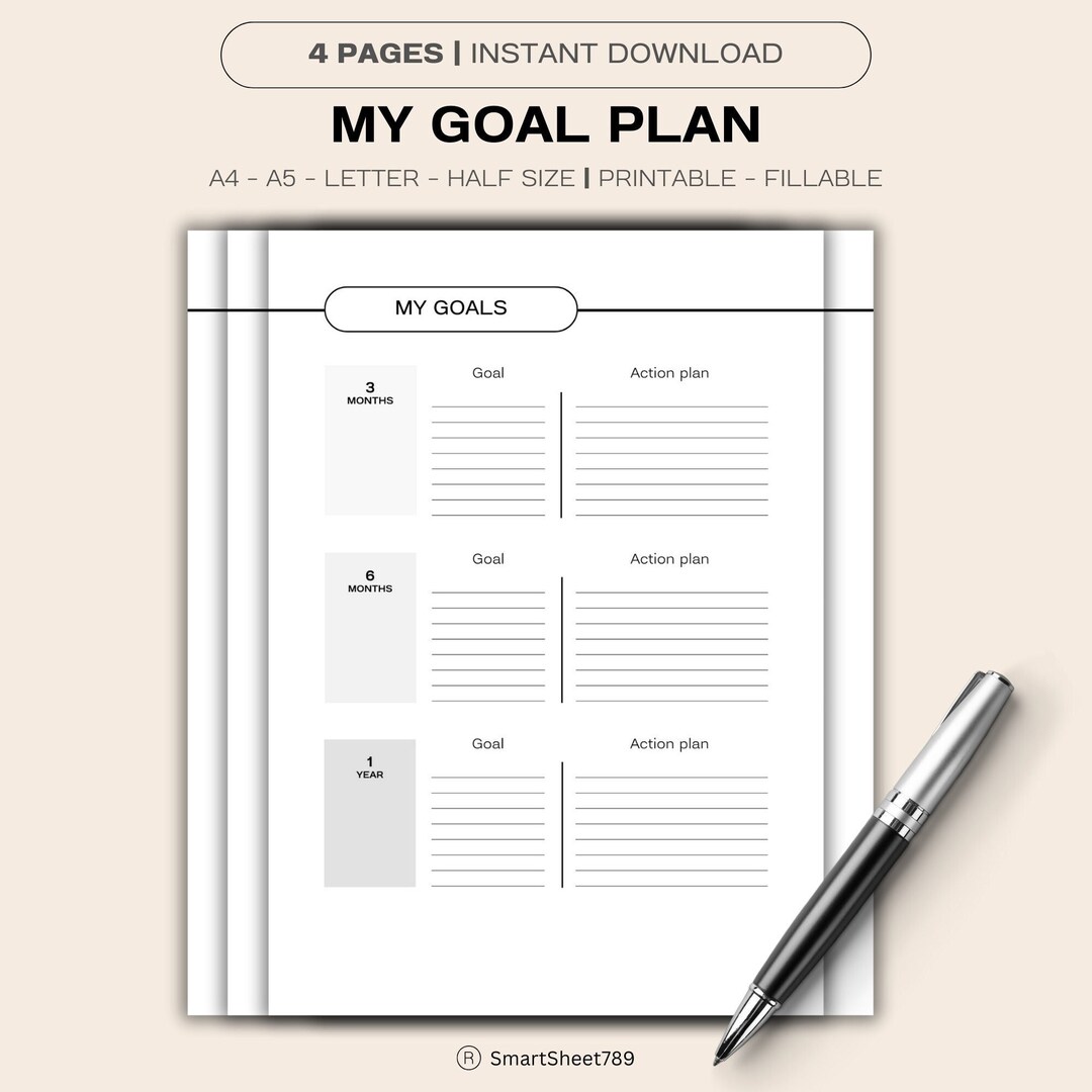 Goal Planner, Printable & Fillable PDF - Yearly Goals, Quarterly Goals ...