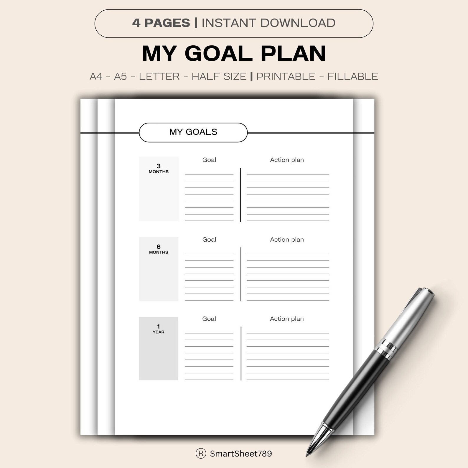 Goal Planner, Printable & Fillable PDF - Yearly Goals, Quarterly Goals ...