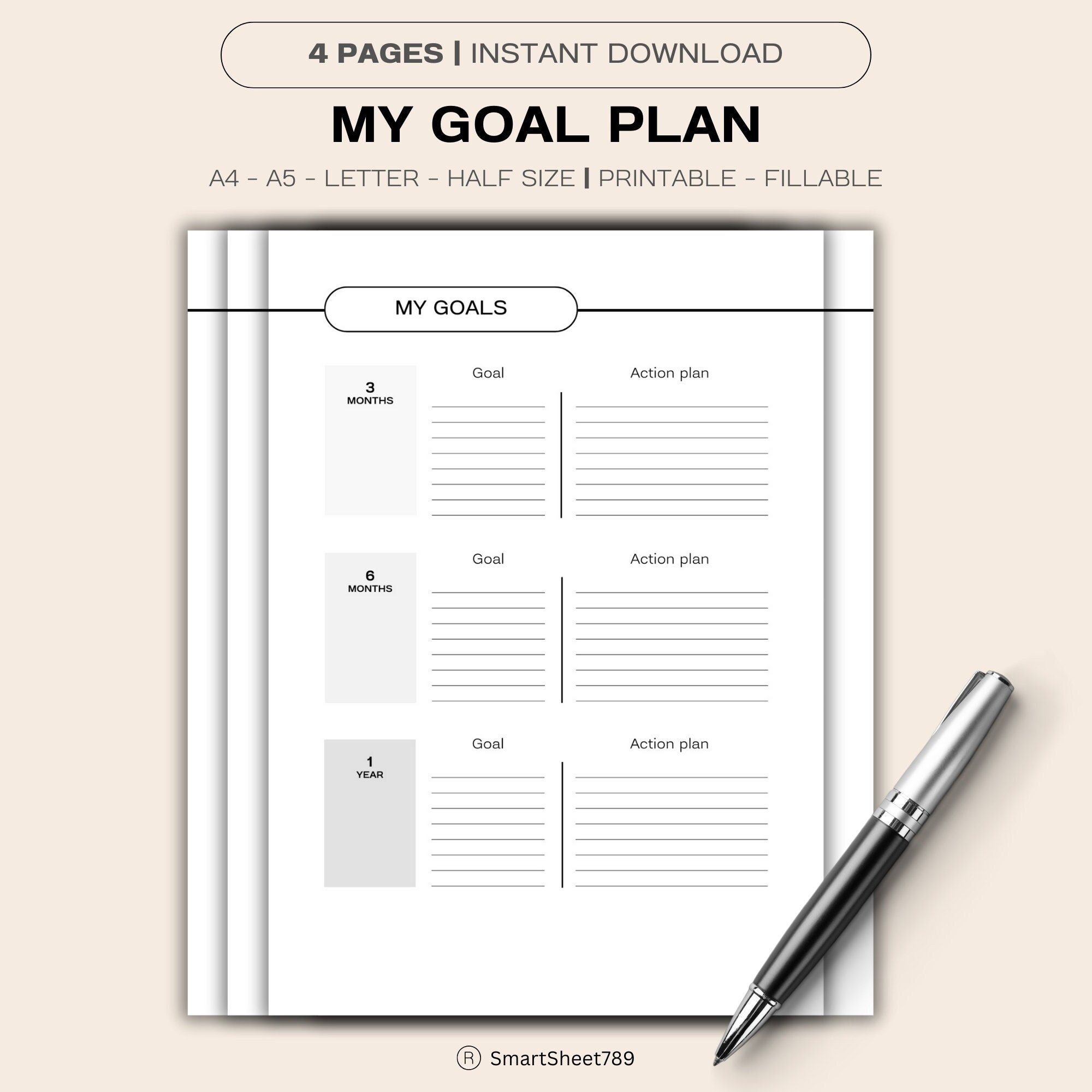 Goal Planner, Printable & Fillable PDF - Yearly Goals, Quarterly Goals ...