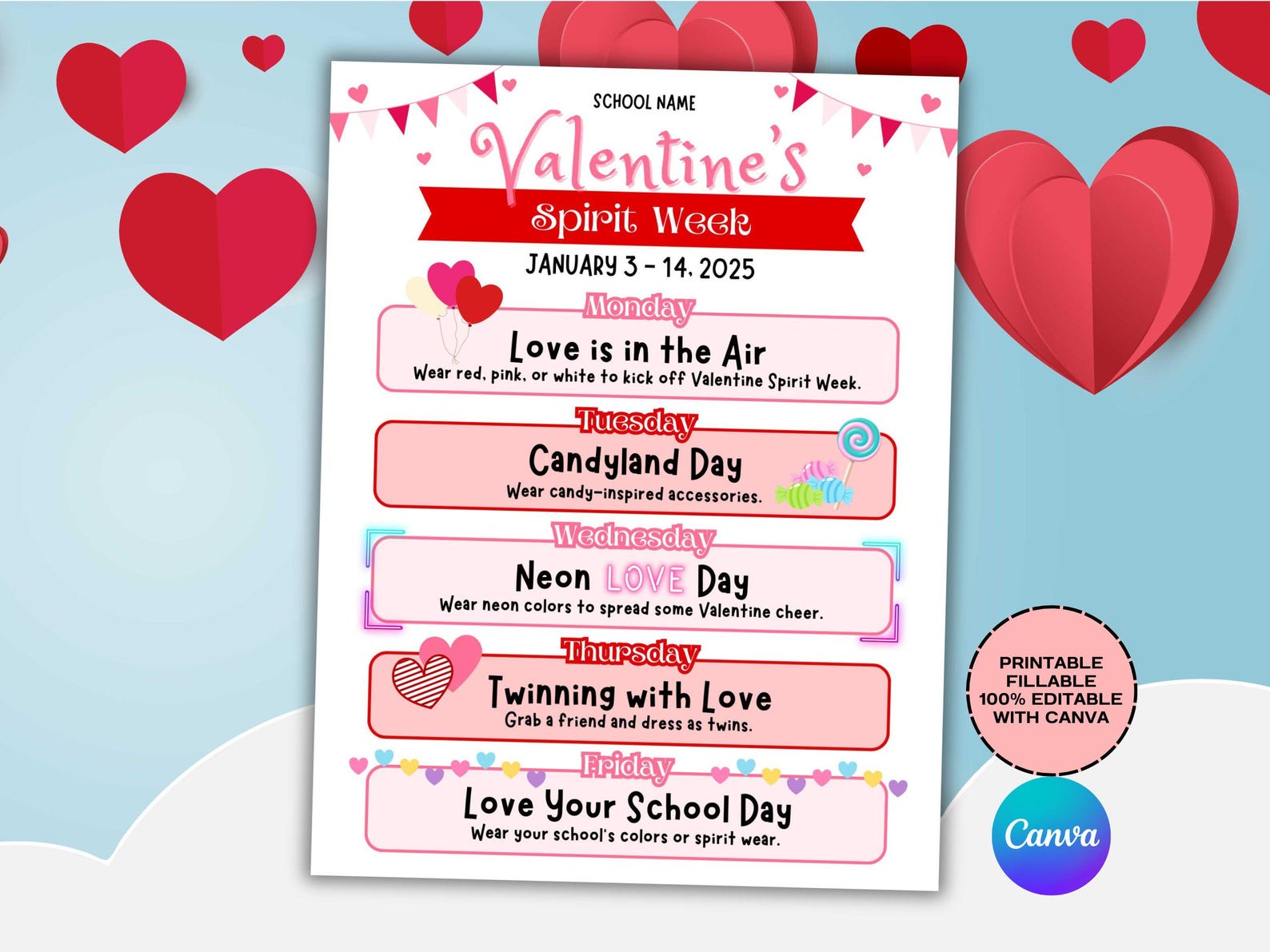 Valentines Spirit Week Flyer Editable School Spirit Week Template ...