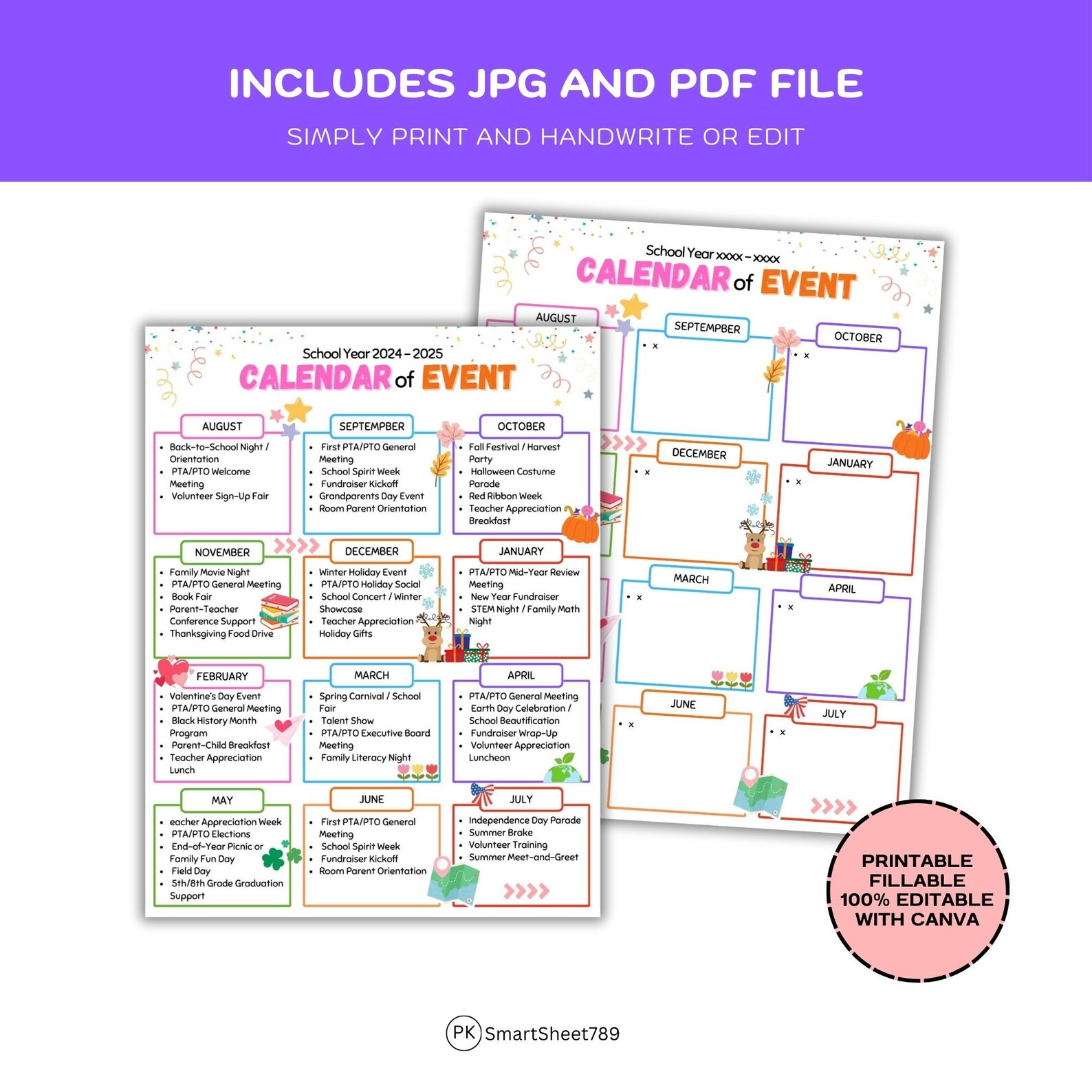 Editable School Calendar: PTA PTO Events, Fundraiser Template (digital ...