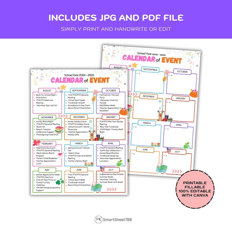 Editable School Calendar: PTA PTO Events, Fundraiser Template (digital ...