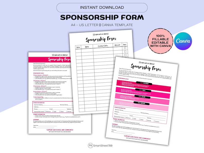 Editable Sponsorship Form Template: School PTO PTA (canva, Printable ...