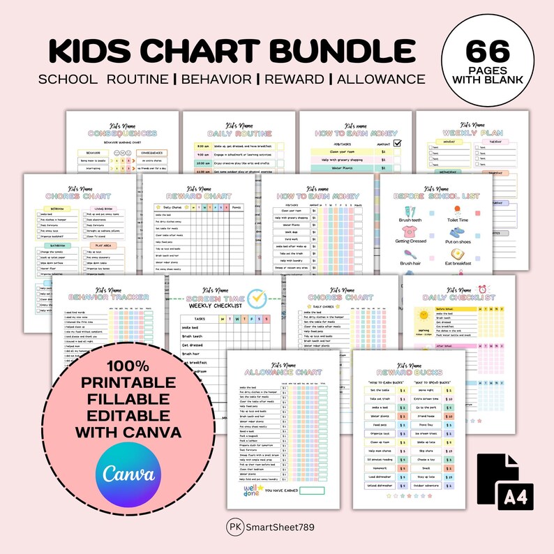 Editable Kids Chore Chart Bundle Daily Weekly Checklists, Rewards ...