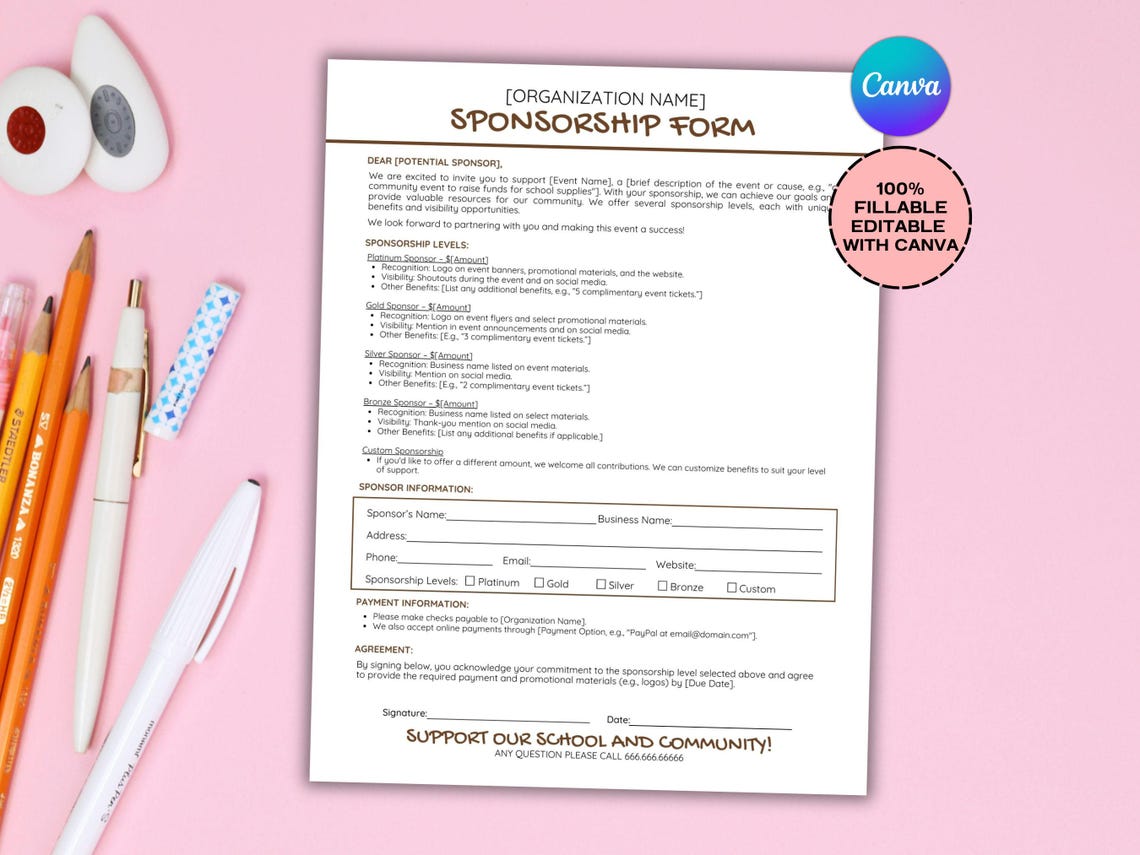 Editable Sponsorship Form Template: School PTO/PTA (digital Download ...